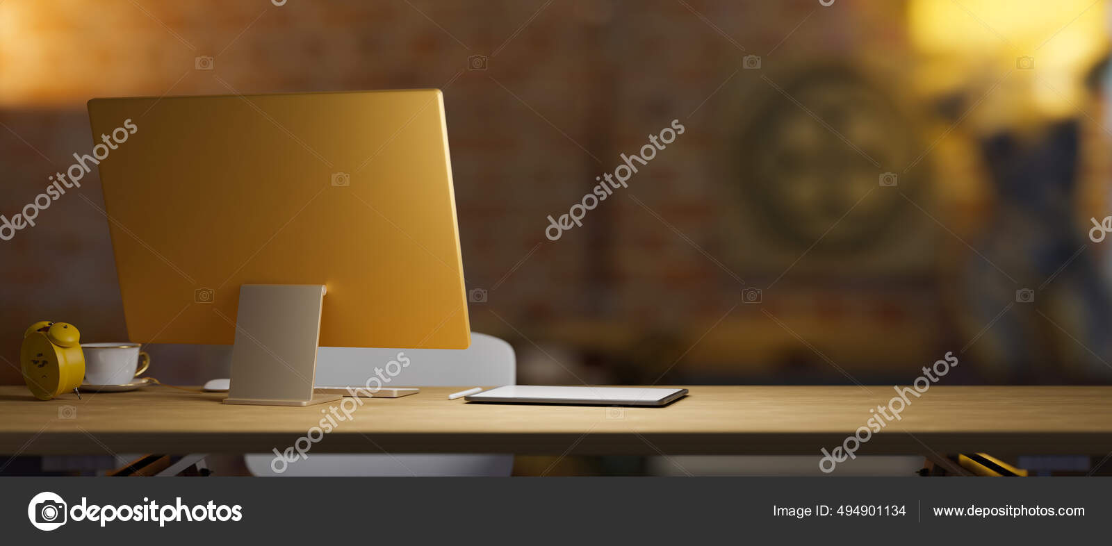 Backside Yellow Computer Desktop Copy Space Display Wood Table Low ...