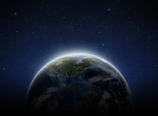 Earth on space. Blue Planet Earth view from outer space show North ...