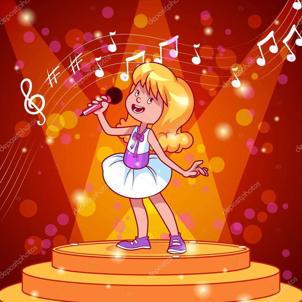 Chica de dibujos animados cantando con un micrófono. Vector clip arte illustra Vector de stock ...