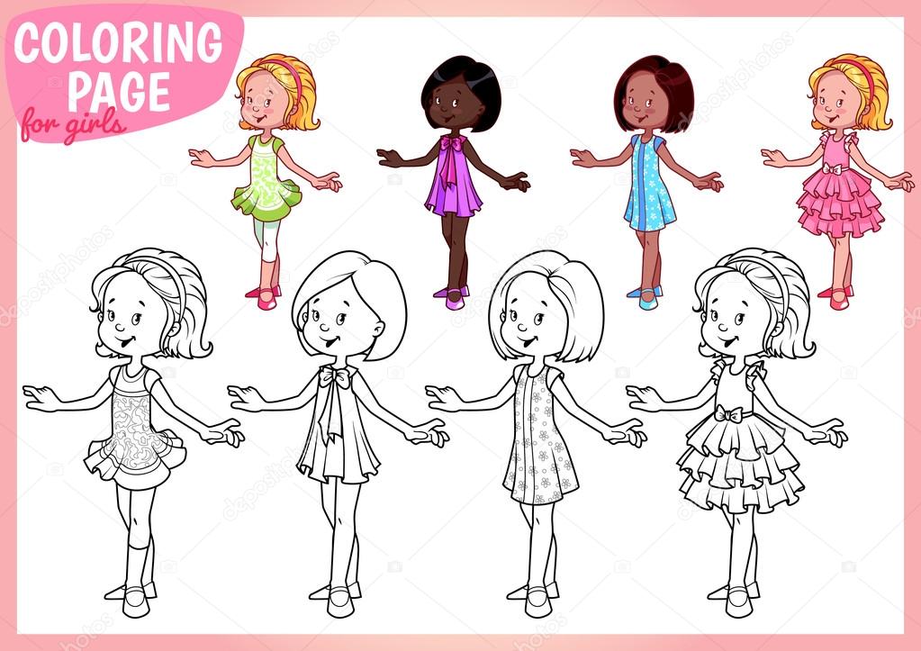 Coloring page for girls. Four young ladies in beautiful dresses. Stock ...