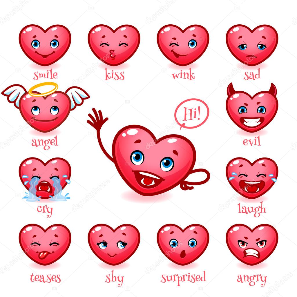 Set of emoticons funny heart. Smile, kiss, wink, sad, evil, cry, Stock ...