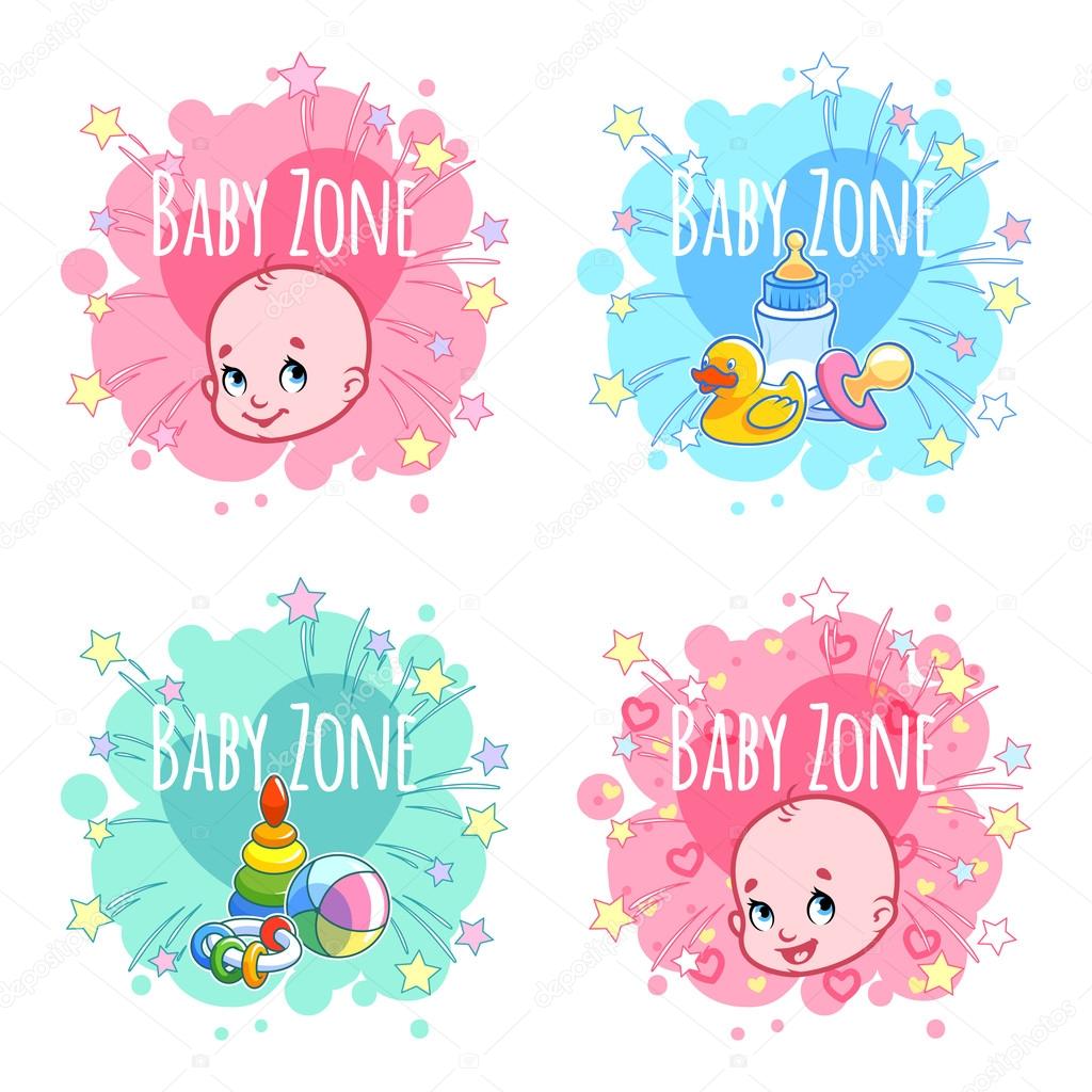 Set of four banners "Baby Zone" with portraits of infants and ch ...