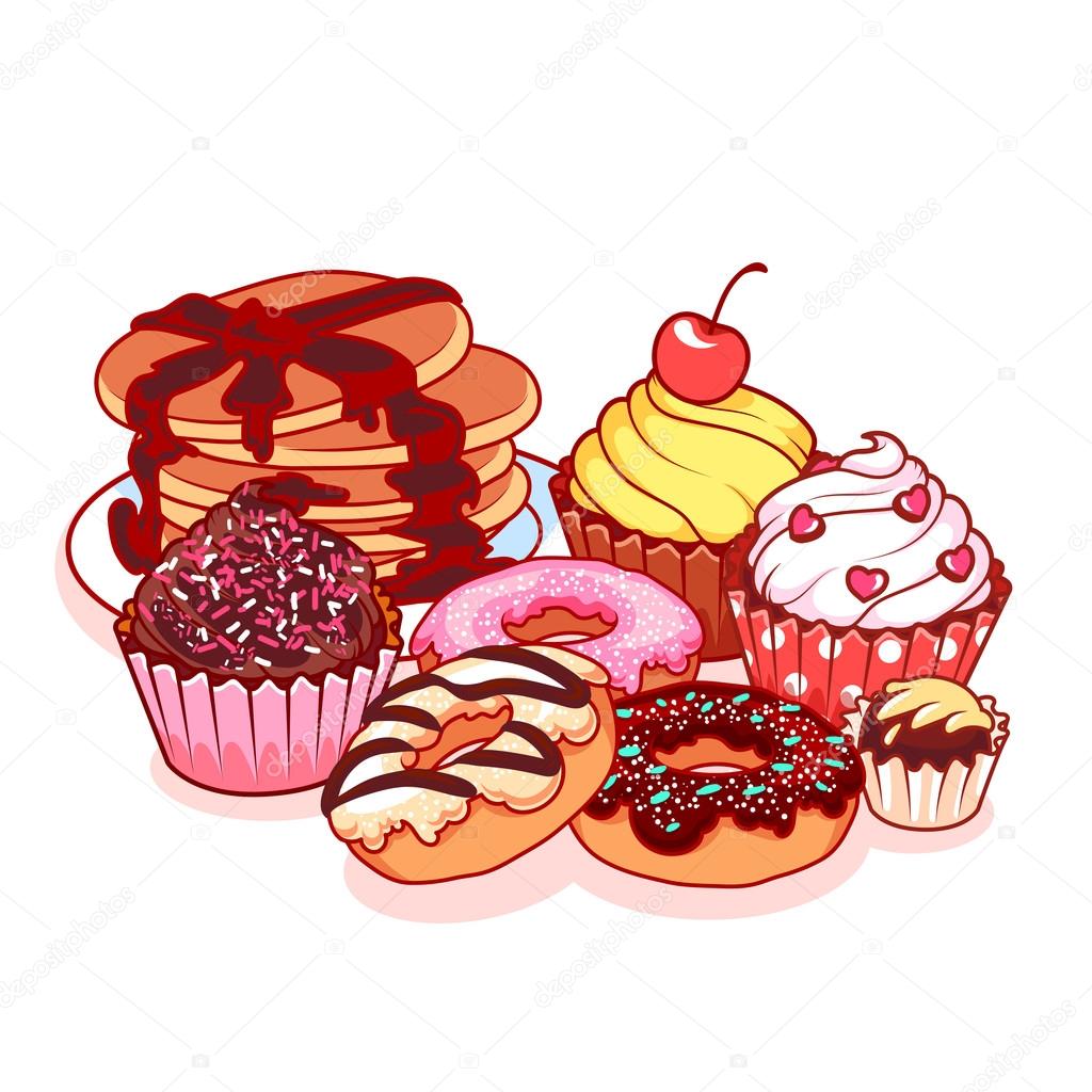 Doces diferentes: panquecas, donuts, doces de chocolate e muffin Vetor ...