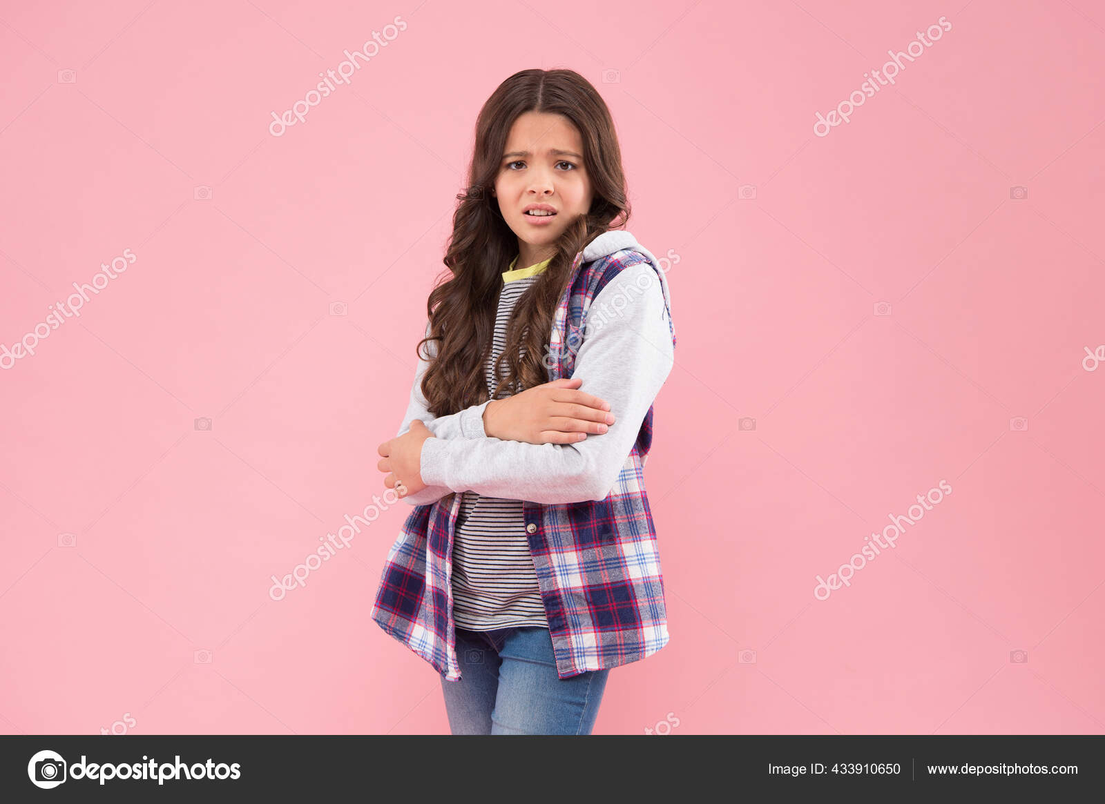 Feeling cold. Unhappy child tremble with cold. Autumn fashion. Casual ...