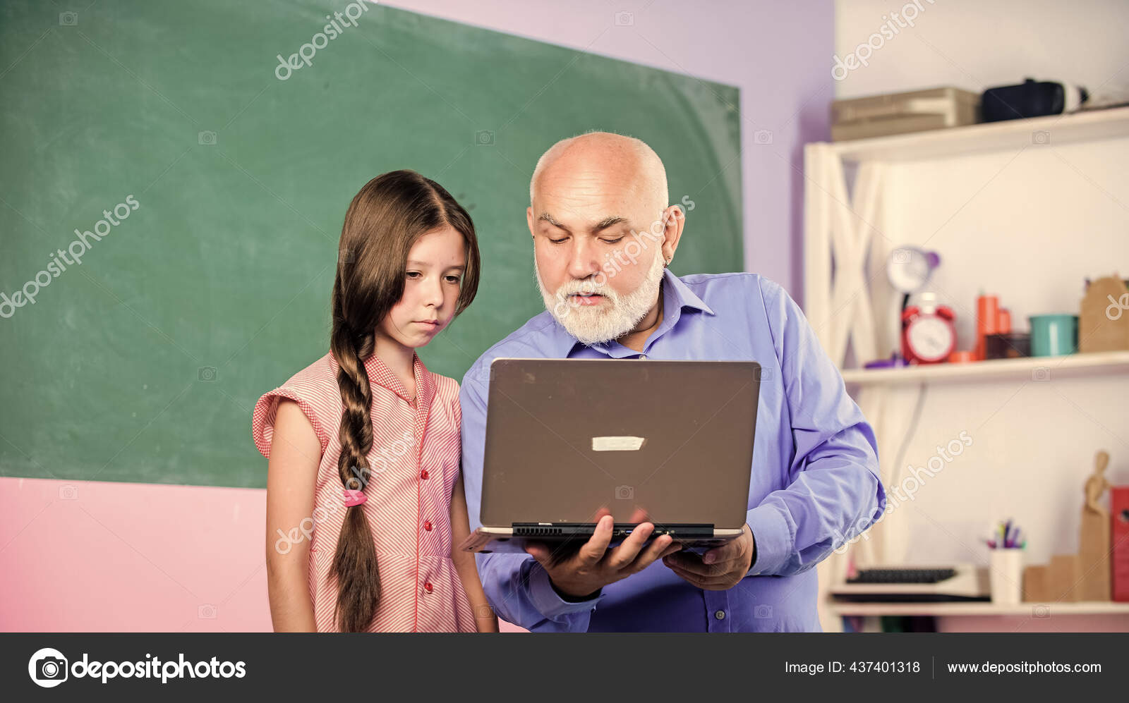 Show your Support. modern technology in learning. small girl with man ...