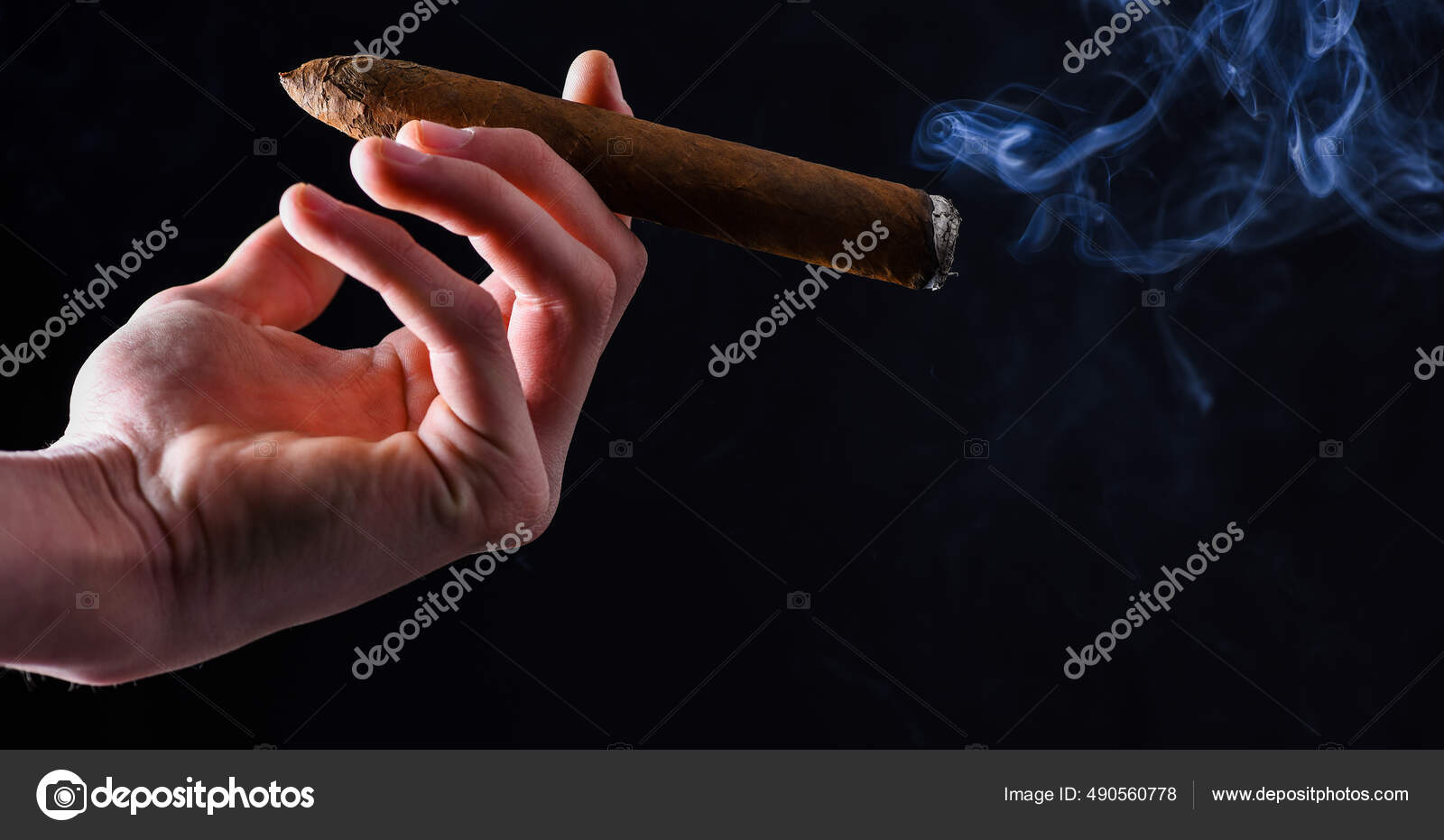 Nicotine addiction. Steaming cigar in hand. Cuban cigar with smoke ...