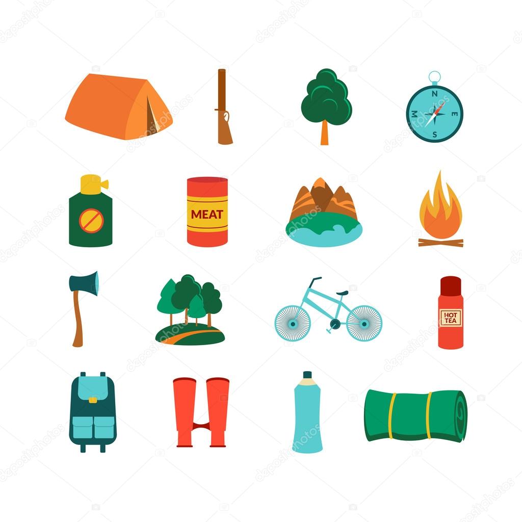Camping equipment, icons set in flat style Stock Vector Image by ...