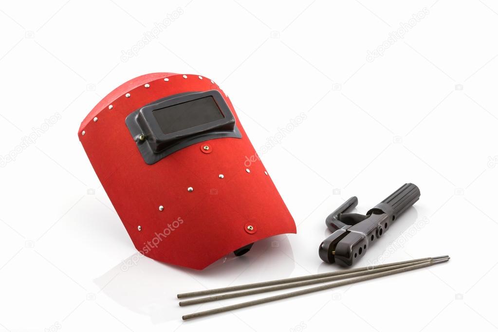 Red protective screen and rod-holder with Welding electrodes wir Stock ...