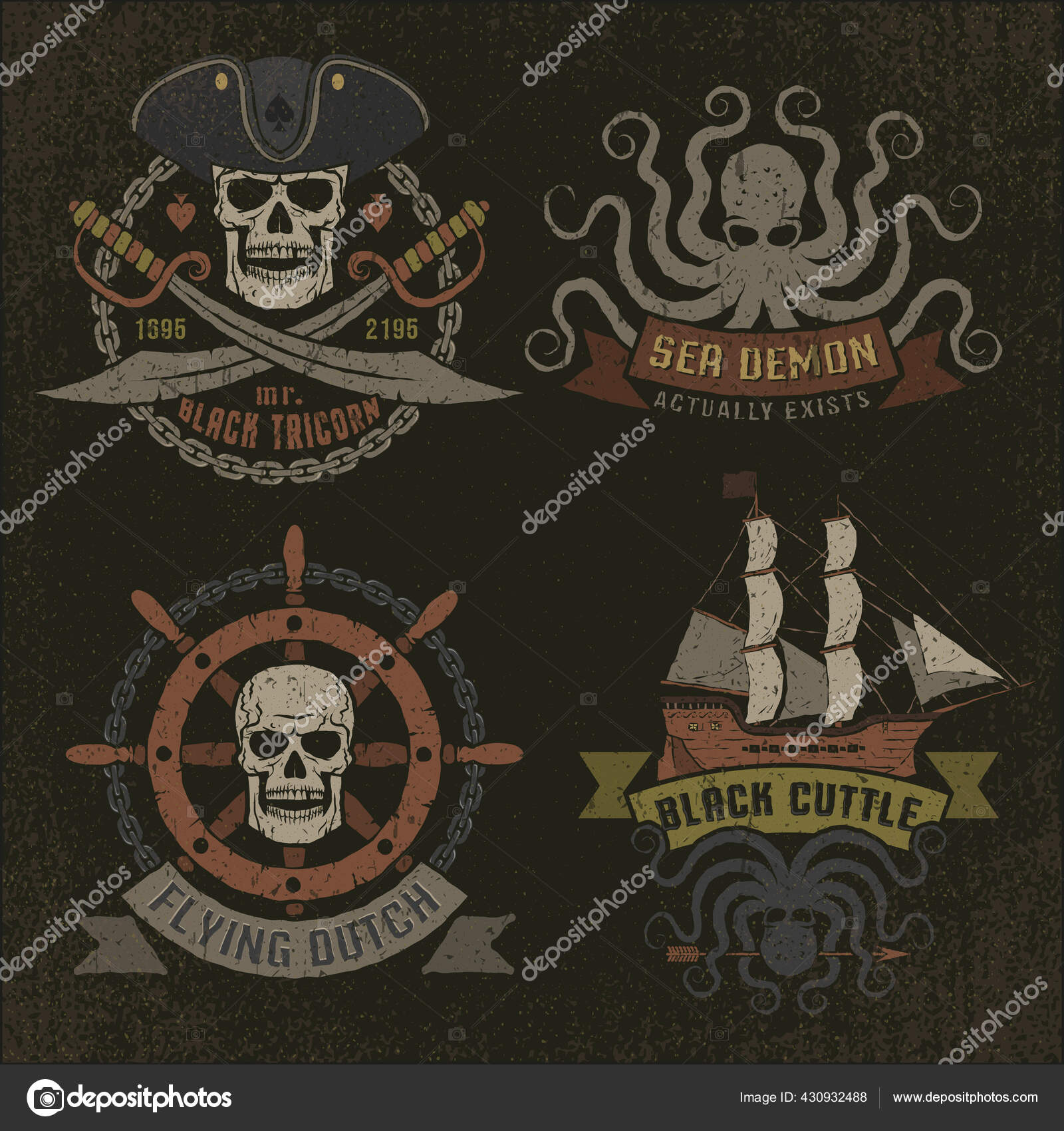 Pirate logo in retro style with grunge texture on a dark background ...