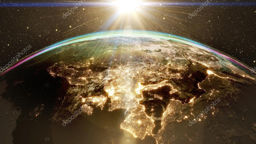 Highly detailed epic sunrise over world skyline. — Stock Photo ...