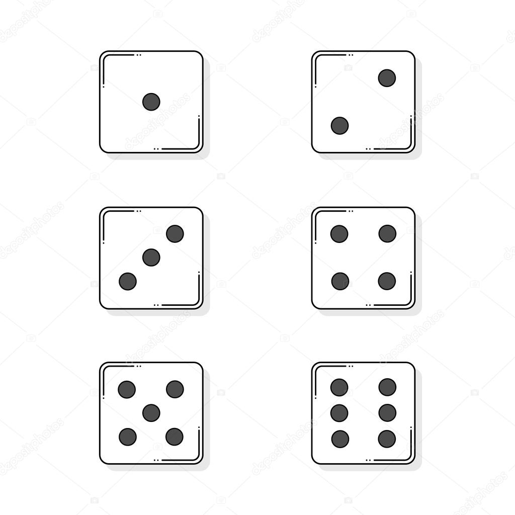 Six white cartoon-style dice cubes — Stock Vector © meinlp_comm #105845786
