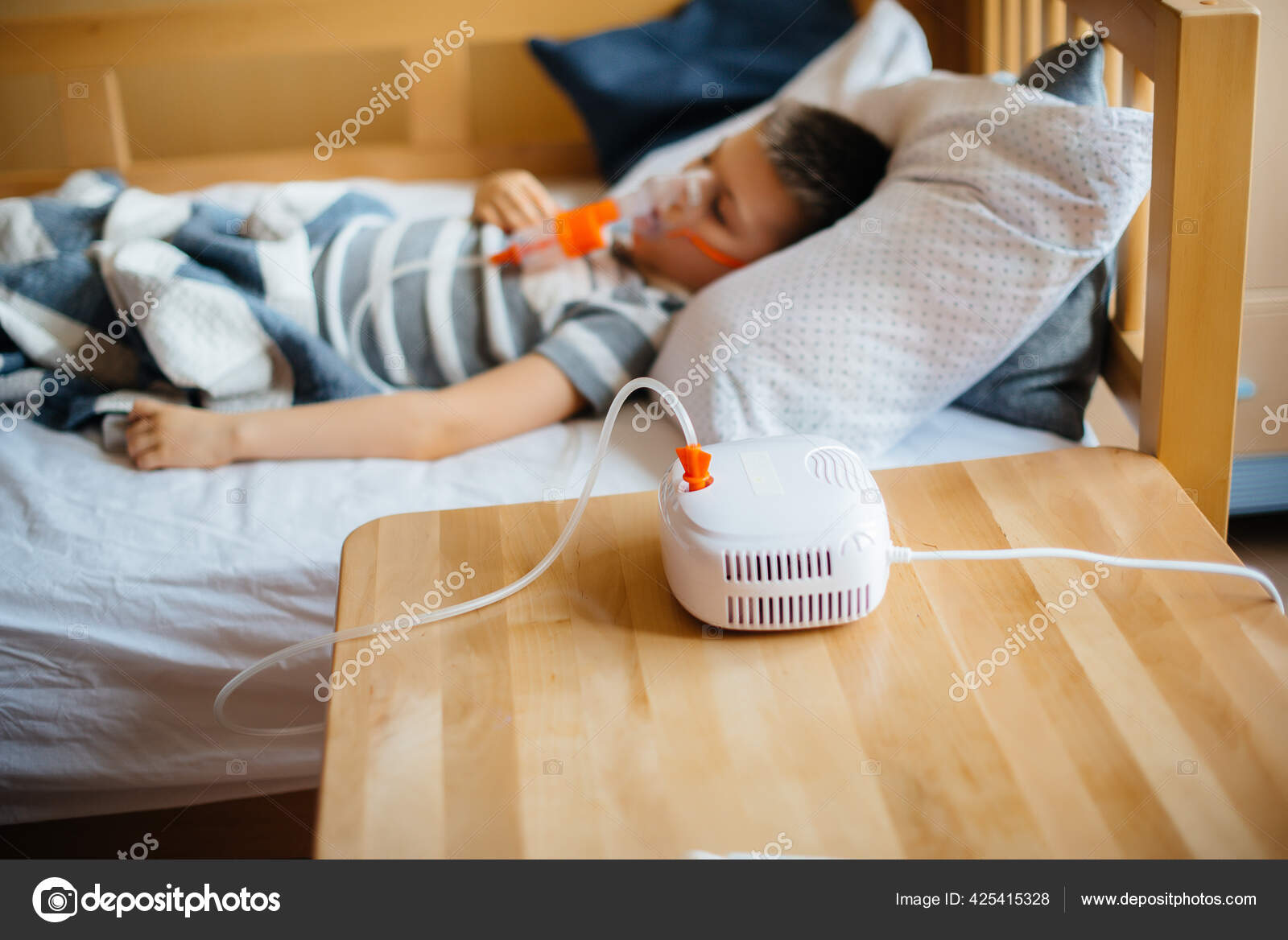 Young Boy Given Inhalation Lung Disease Medicine Care Stock Photo by ...