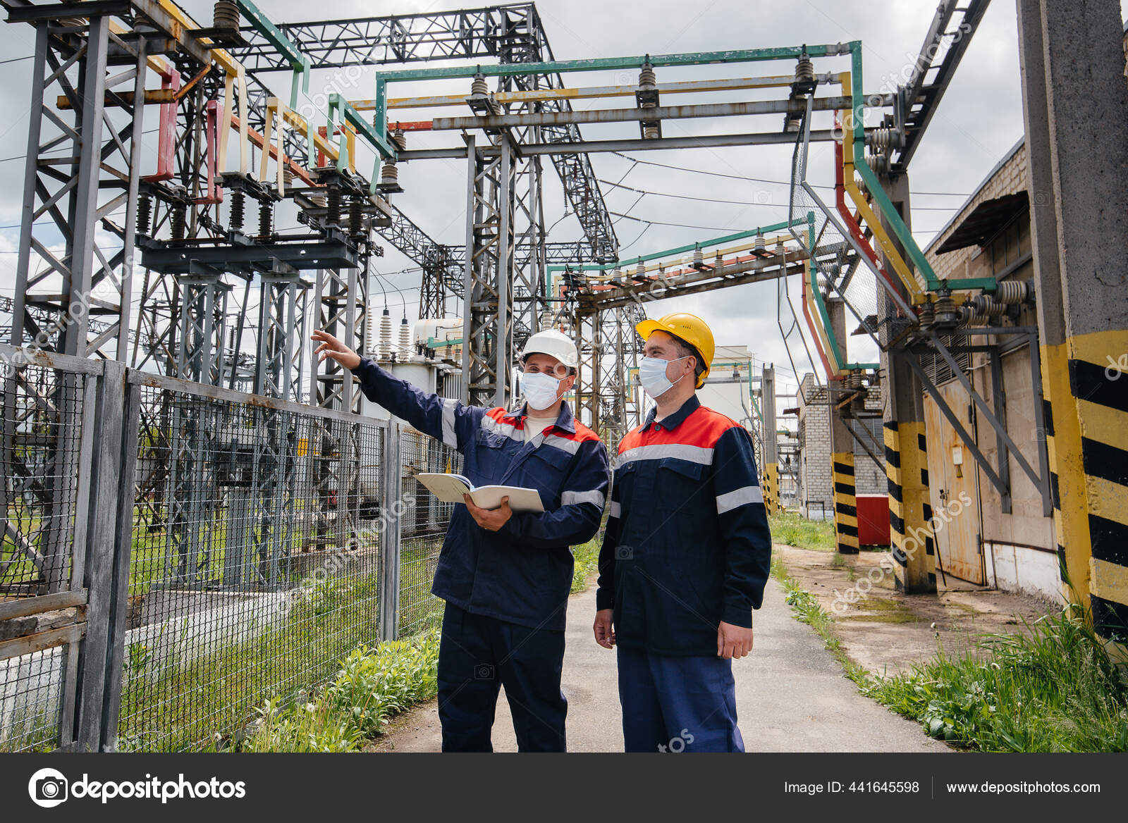 Engineers Electrical Substations Conduct Survey Modern High Voltage ...