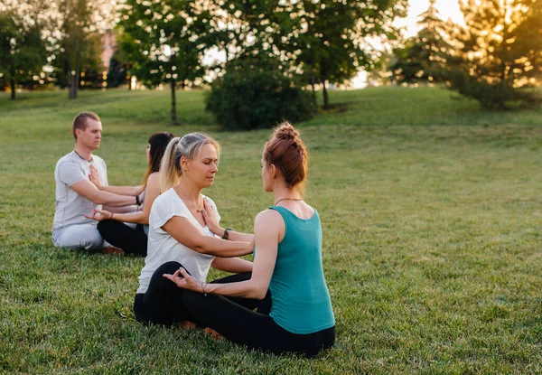 A group of people perform paired yoga exercises in a Park during sunset ...