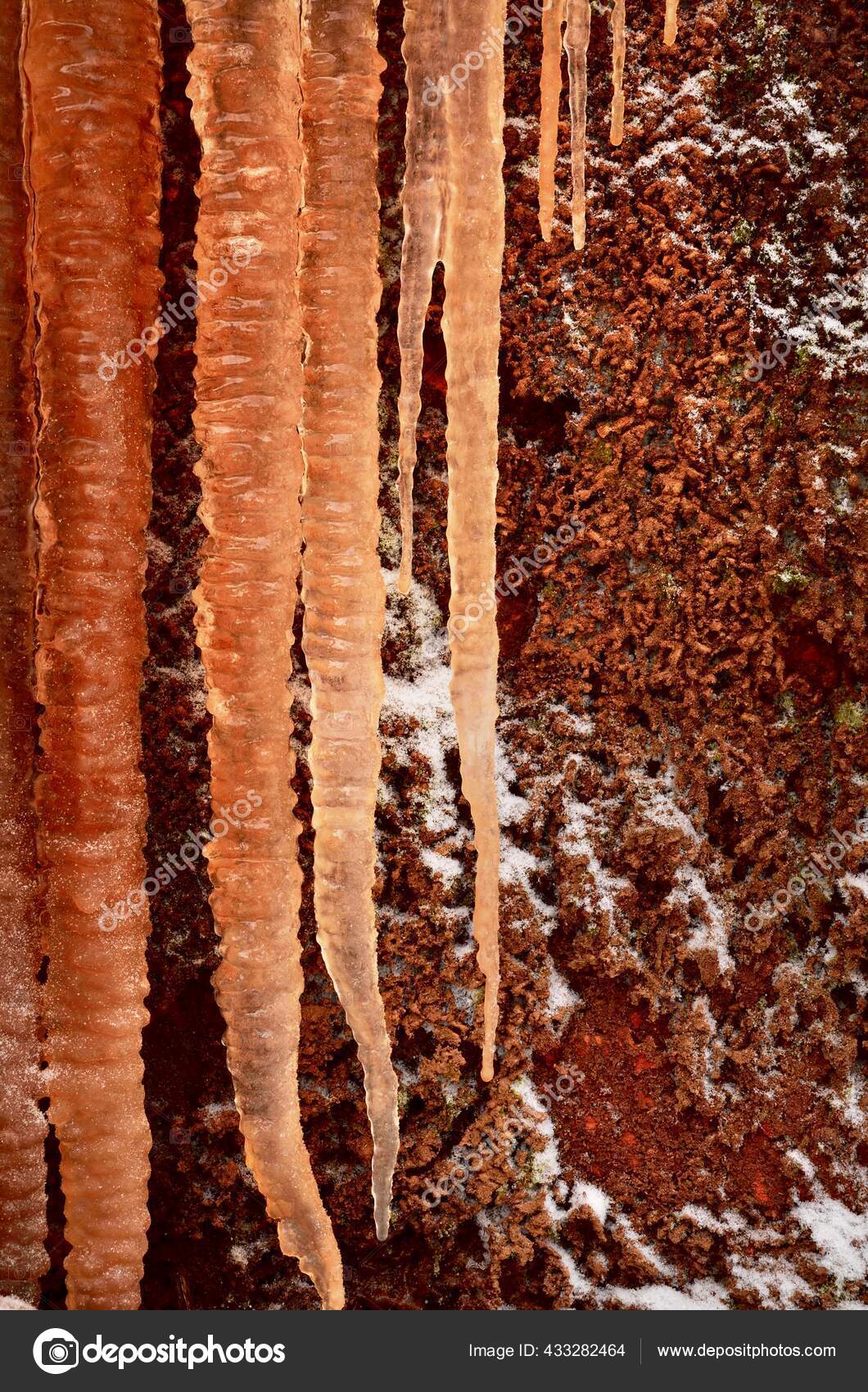 Large Icicles Close Orange Cliff Background Frozen Water Ice Texture ...