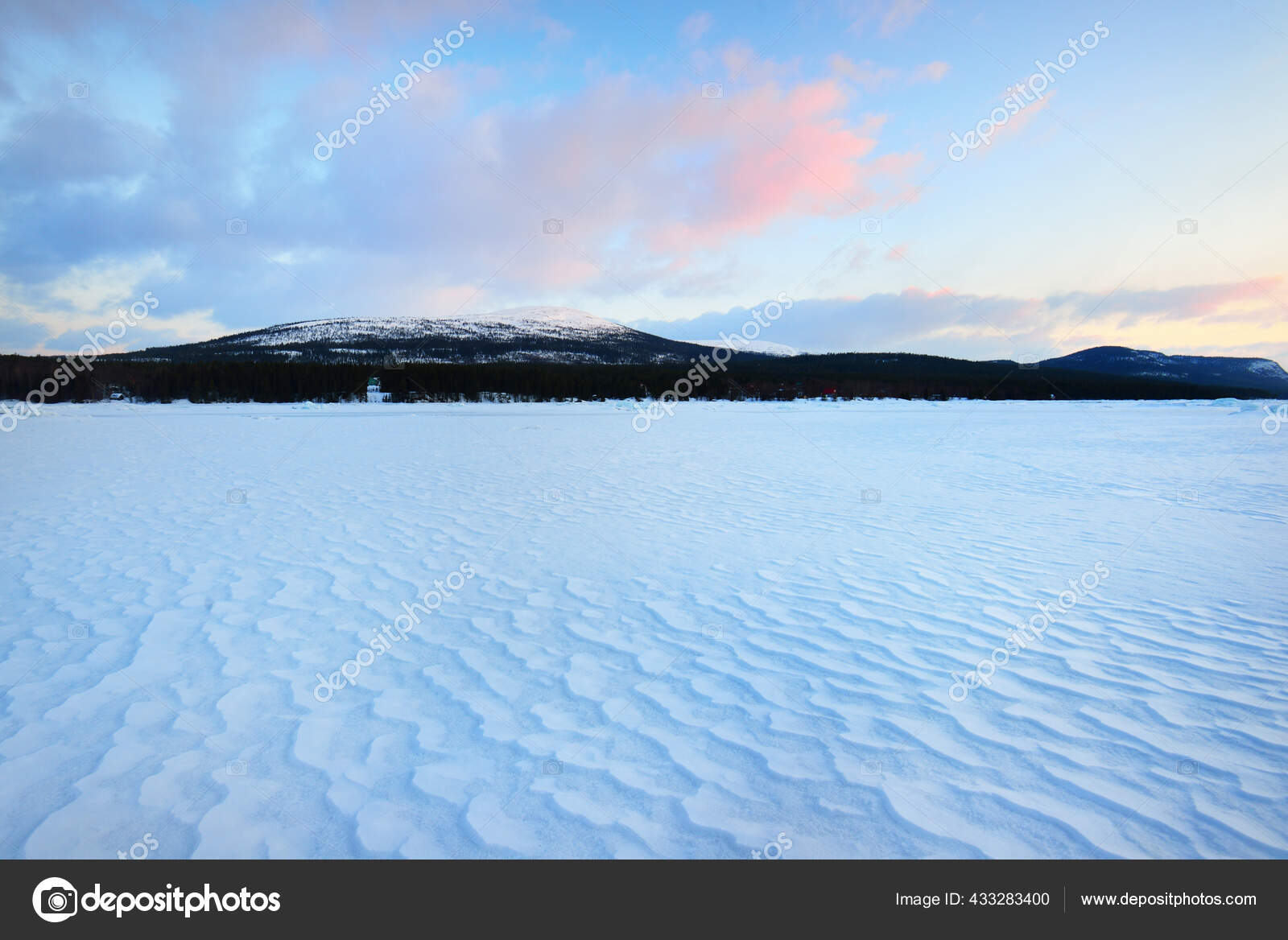 Ice Pressure Ridge Frozen Lake Shore Sunset Mountain Peaks Background ...