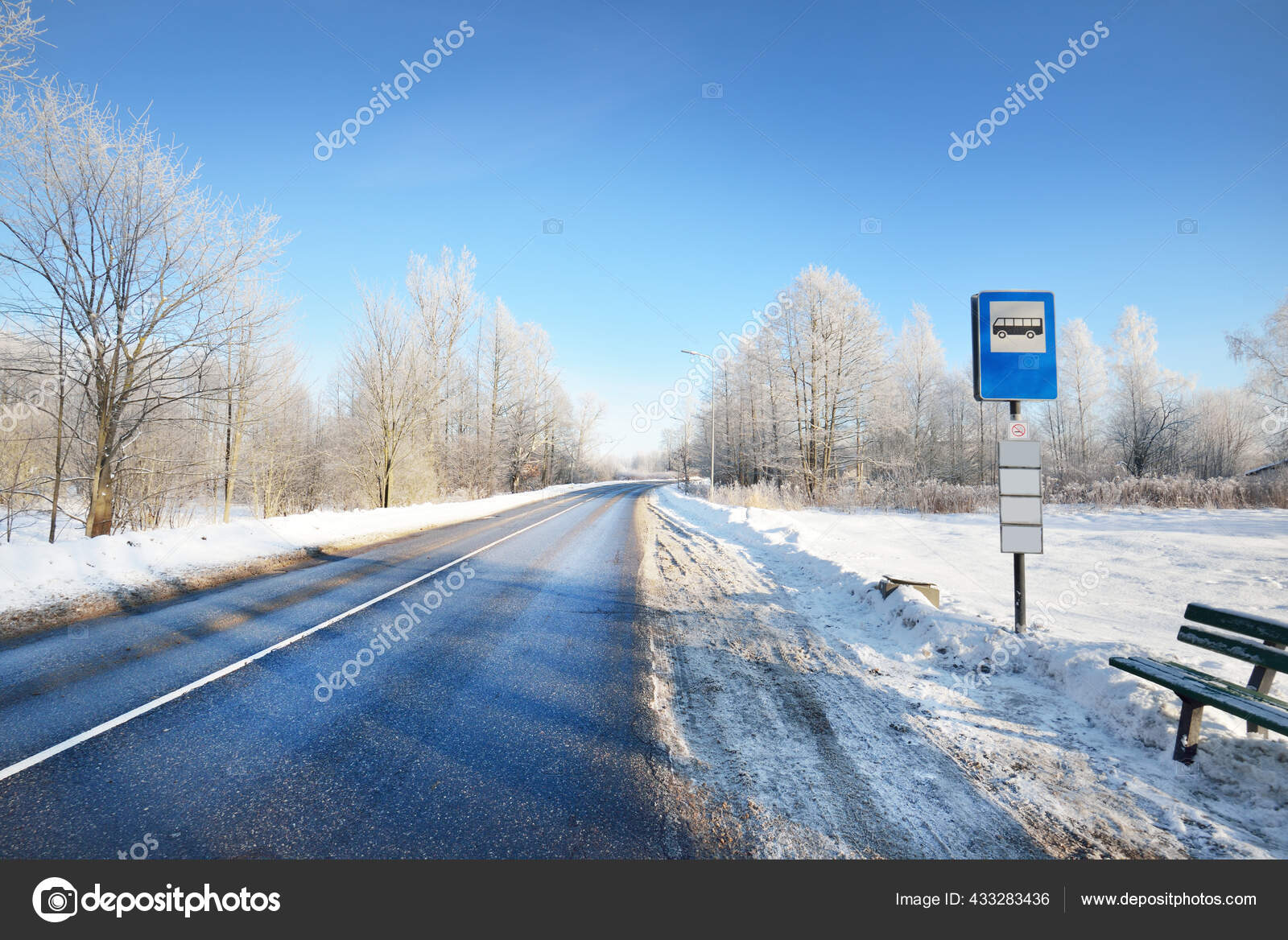 Remote Bus Stop Road Sign Wooden Bench Close Empty Asphalt Stock Photo ...