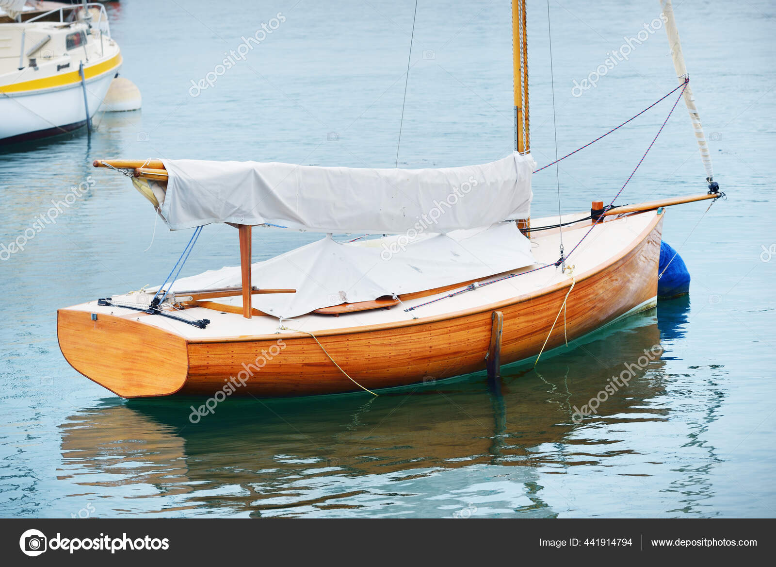 Elegant Old Gaff Rigged Classic Boat Anchored Mooring Ocean Shore Stock ...