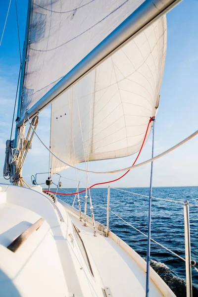 Sloop rigged yacht sailing in an open Baltic sea on a clear day. Close ...