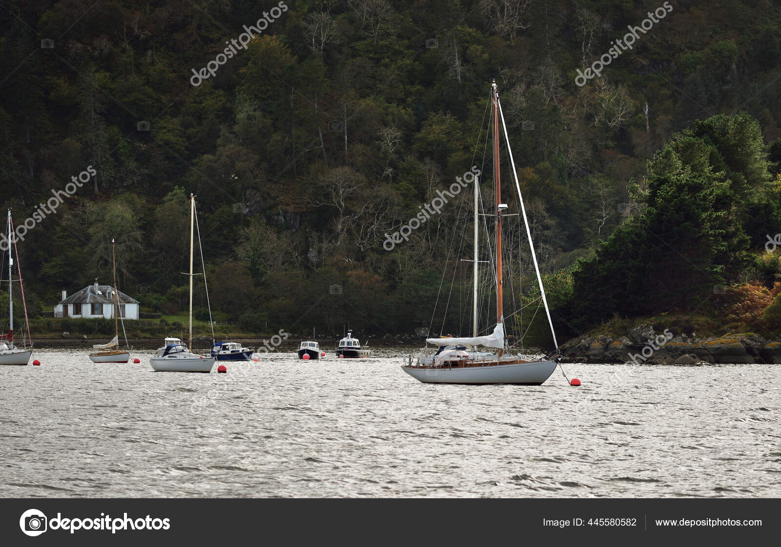 Sloop Rigged Yachts Anchored Mooring Rocky Shore Crinan Canal Forest ...