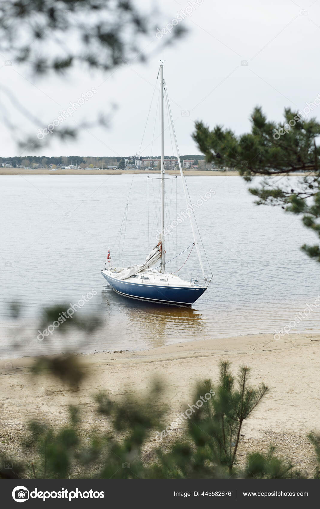 Blue Sloop Rigged Yacht Anchored Shallow Water Sandy Beach Lule — Stock ...