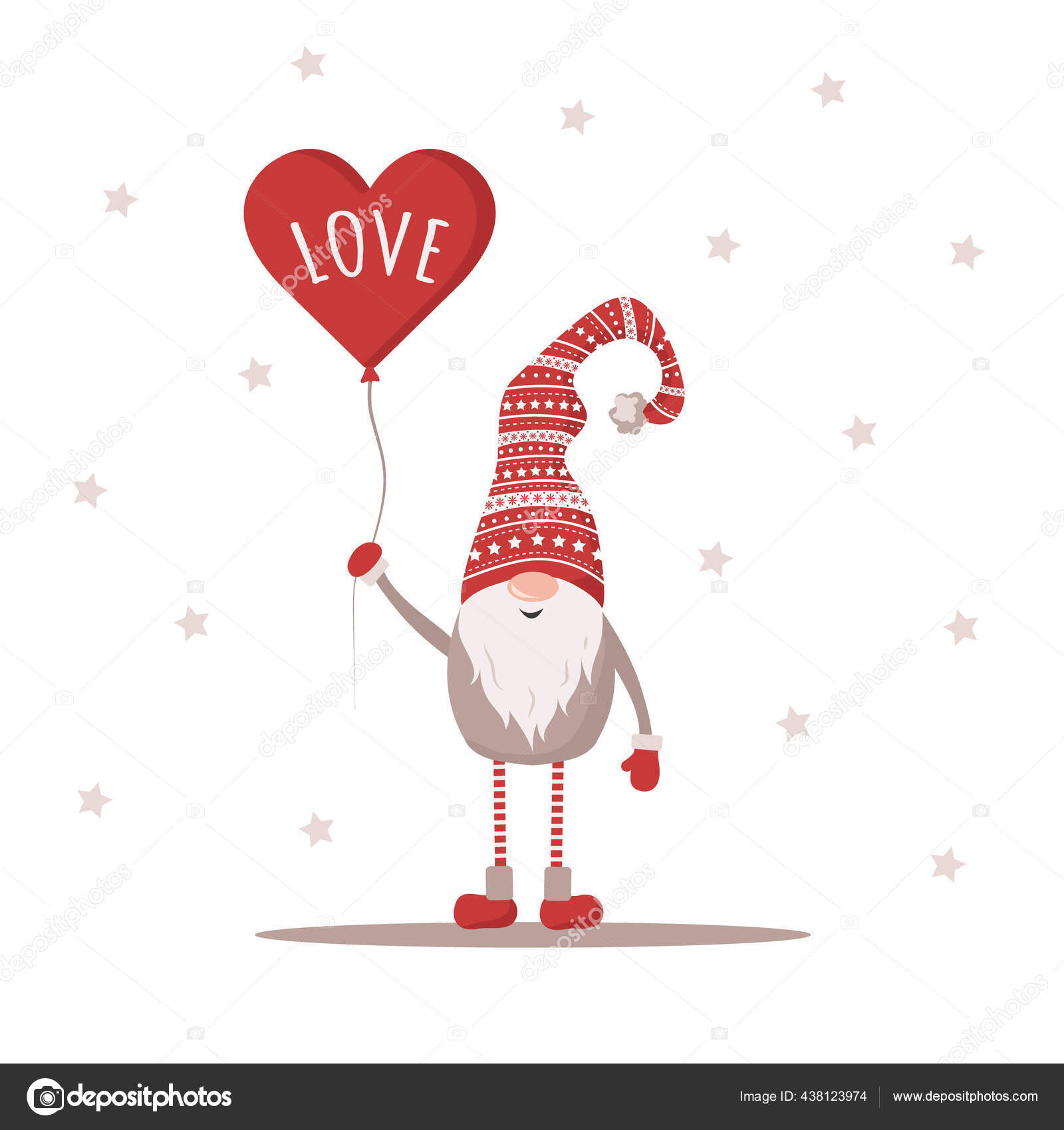 Valentine gnome in red hat holding balloon. Lovely scandinavian elf ...
