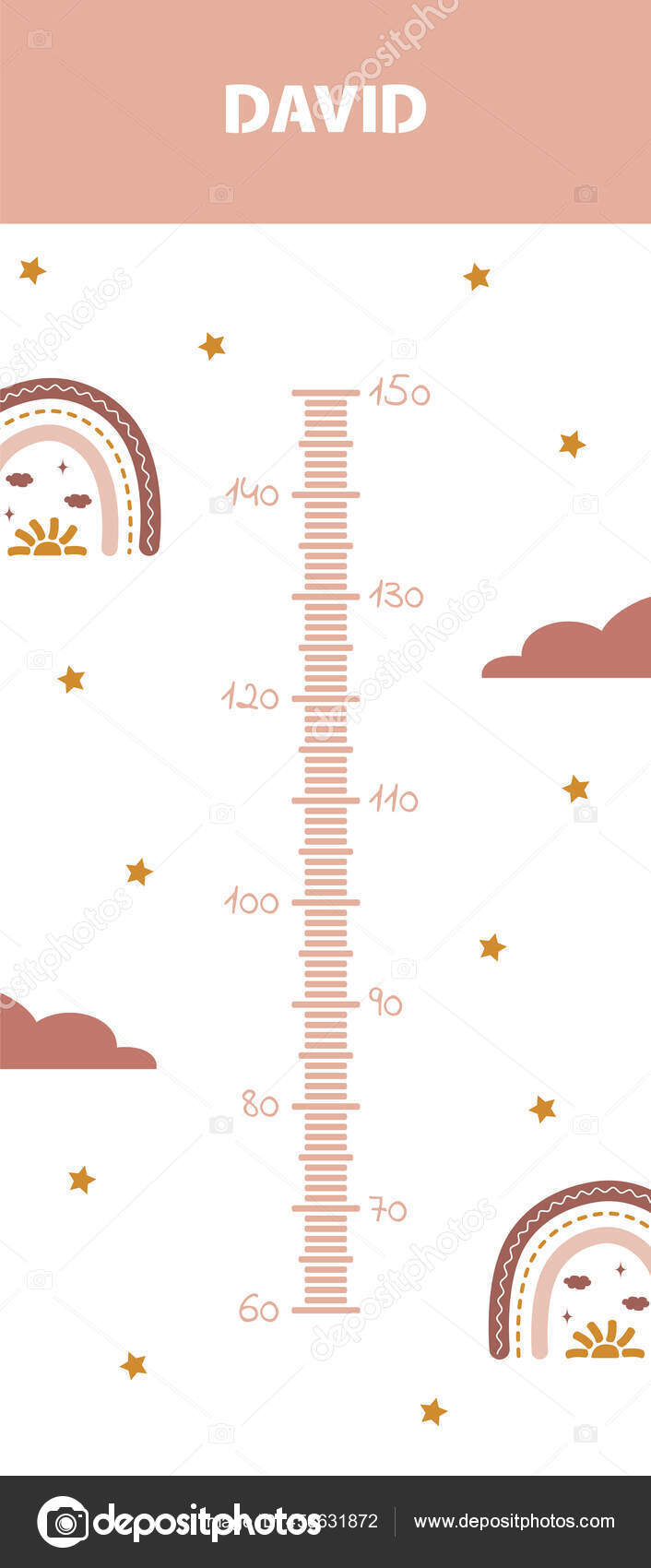 Wykres wzrostu dzieci. Ściana miernika z uroczą tęczą boho. Ilustracja ...