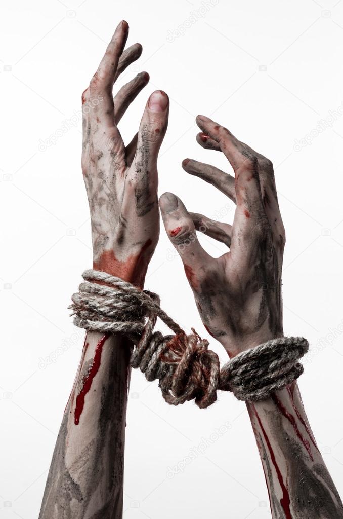 Hands bound,bloody hands, mud, rope, on a white background, isolated ...