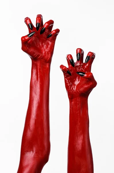 Red Devil's hands, red hands of Satan, Halloween theme, white ...