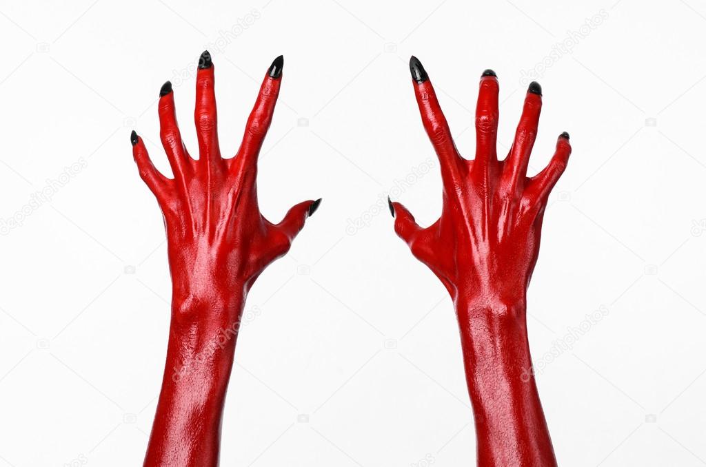 Red Devil's hands, red hands of Satan, Halloween theme, white ...