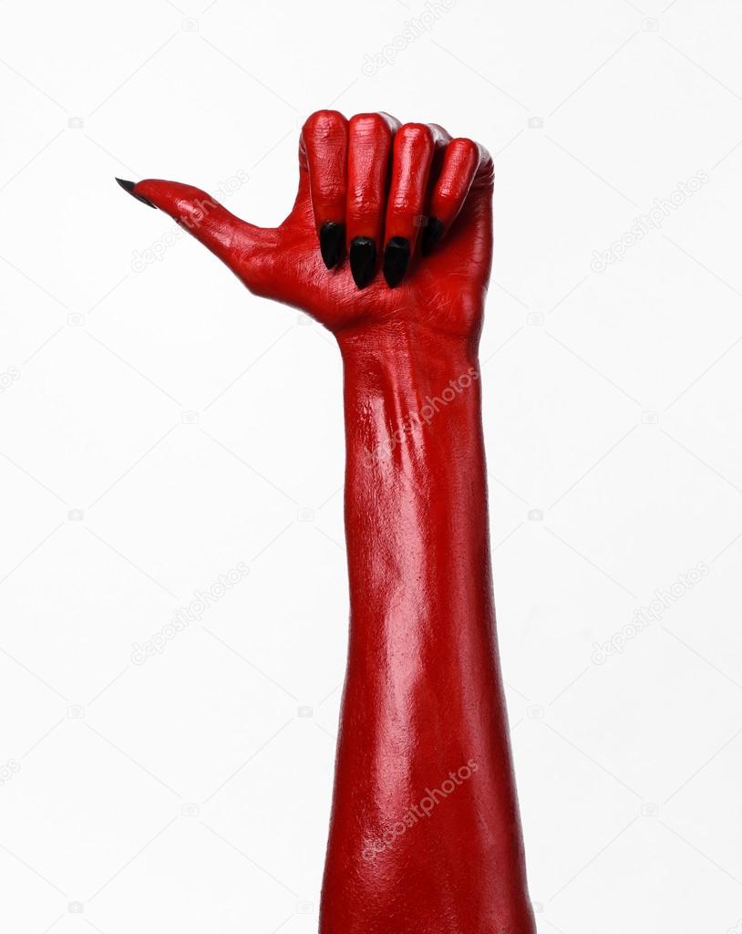 Red Devil's hands, red hands of Satan, Halloween theme, white ...