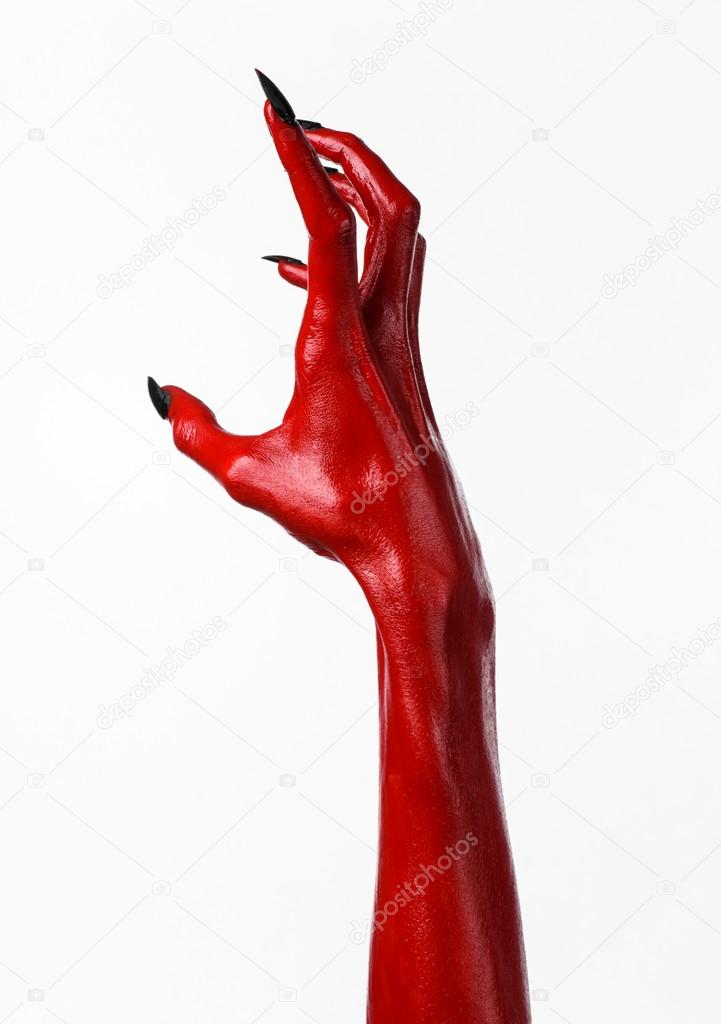 Red Devil's hands, red hands of Satan, Halloween theme, white ...