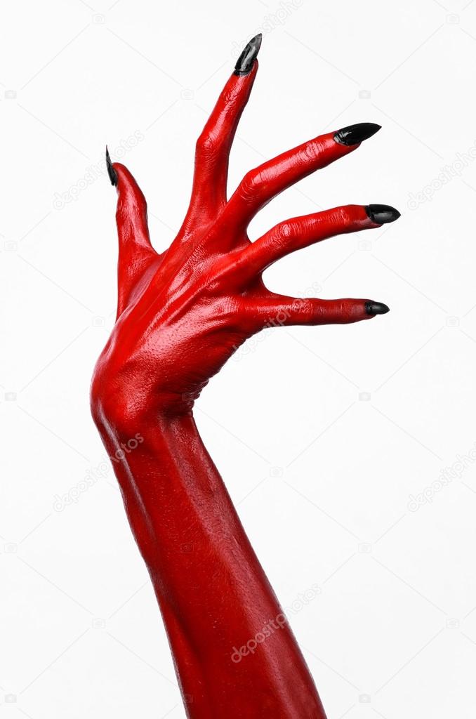 Red Devil's hands, red hands of Satan, Halloween theme, white ...