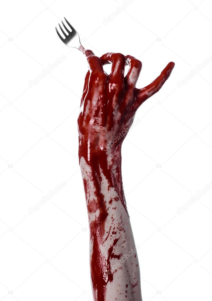Bloody hand holding a spoon, fork, halloween theme, bloody spoon, fork ...