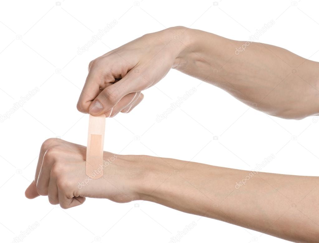 Medical theme: for a man's hand glued medical plaster first aid plaster ...