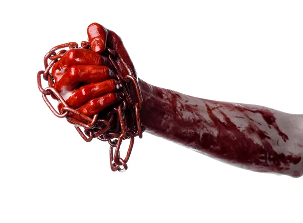 Bloody Halloween theme: bloody hand holding a bloody butcher's ax ...