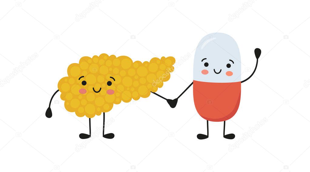 Páncreas sano y feliz sonriente medicina píldora personajes tomados de ...