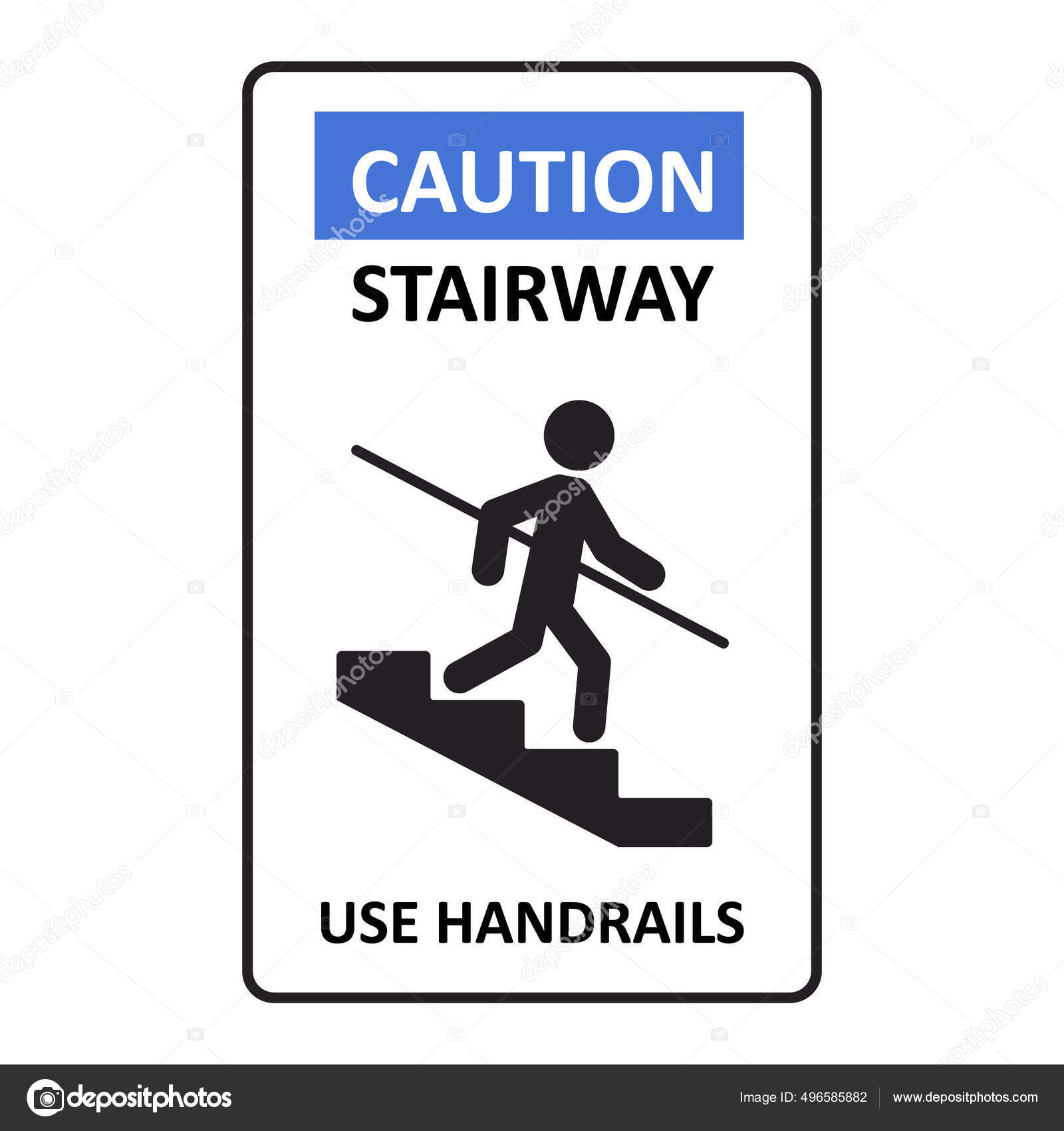 Caution stairway Use Handrails sign. A man goes down the stairs and ...