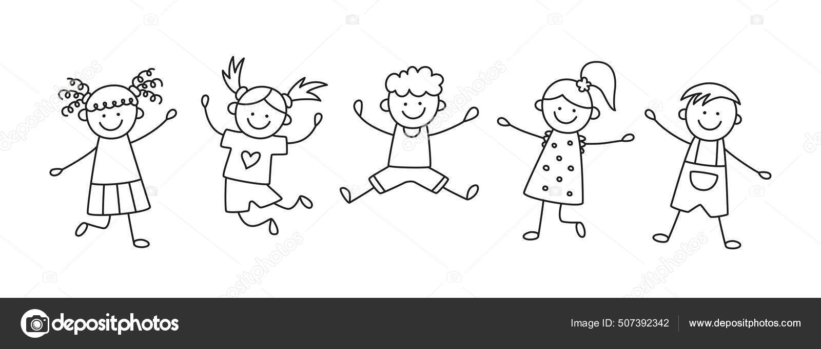 Iloisia hyppiviä lapsia. Lapset hyppivät yhdessä. Käsin piirretyt ...