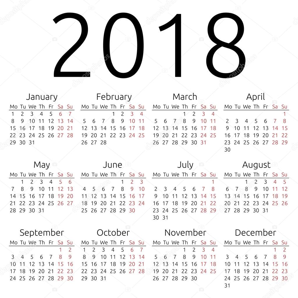 Simple vector calendar 2018 — Stock Vector © Dmitry_Guzhanin #69310763 Simple vector calendar 2018 — Stock Vector © Dmitry_Guzhanin #69310763