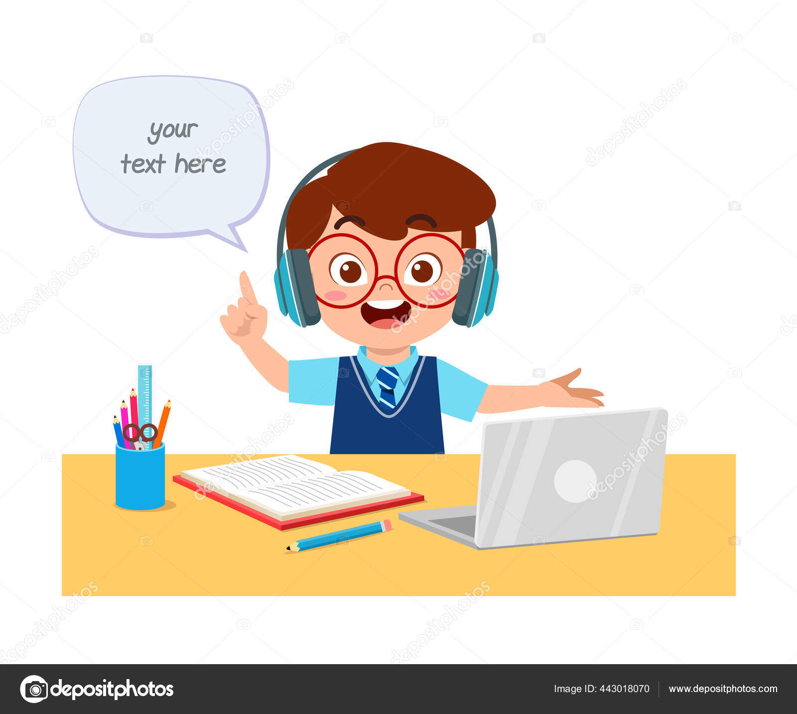 Happy Cute Little Kid Home School Computer Laptop Connect Internet ...
