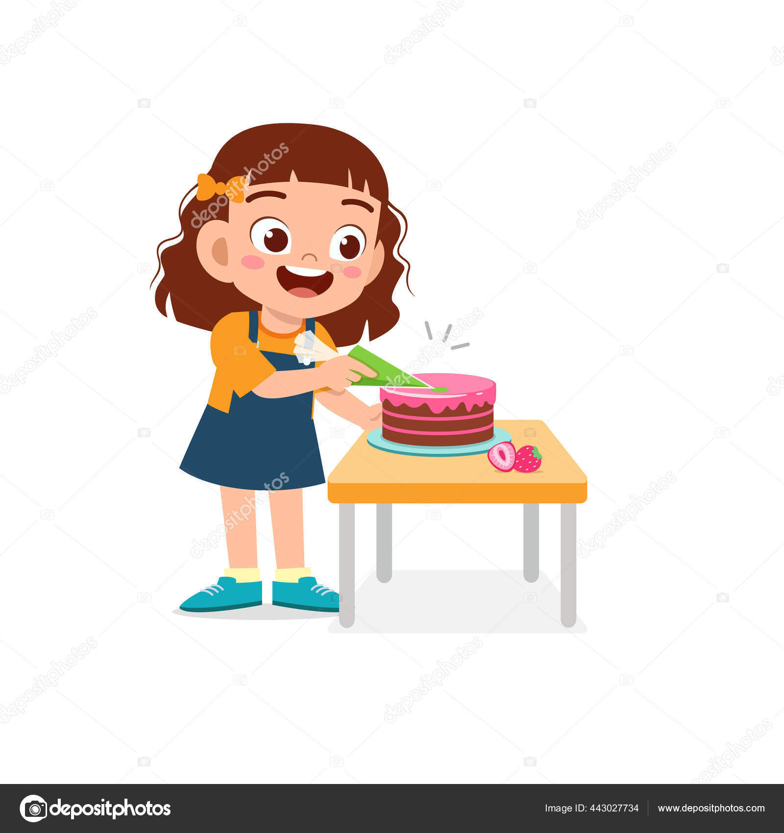 Šťastný Roztomilý Malý Kluk Dívka Vaření Narozeninový Dort Stock Vector ...