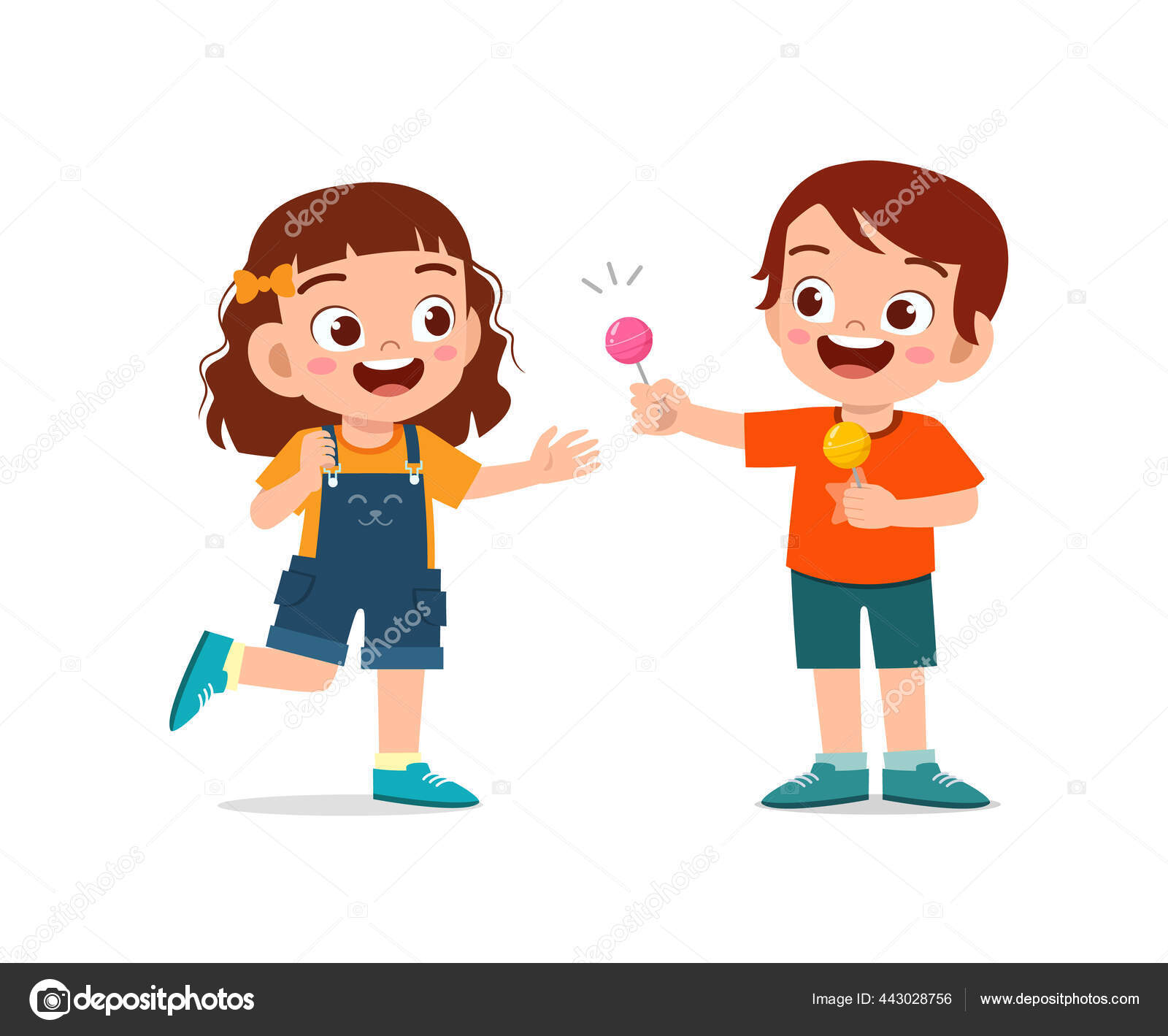 행복하고 귀여운 소년과 소녀가 친구들에게 음식을 나누어 스톡 벡터 - ©colorfuelstudio 443028756