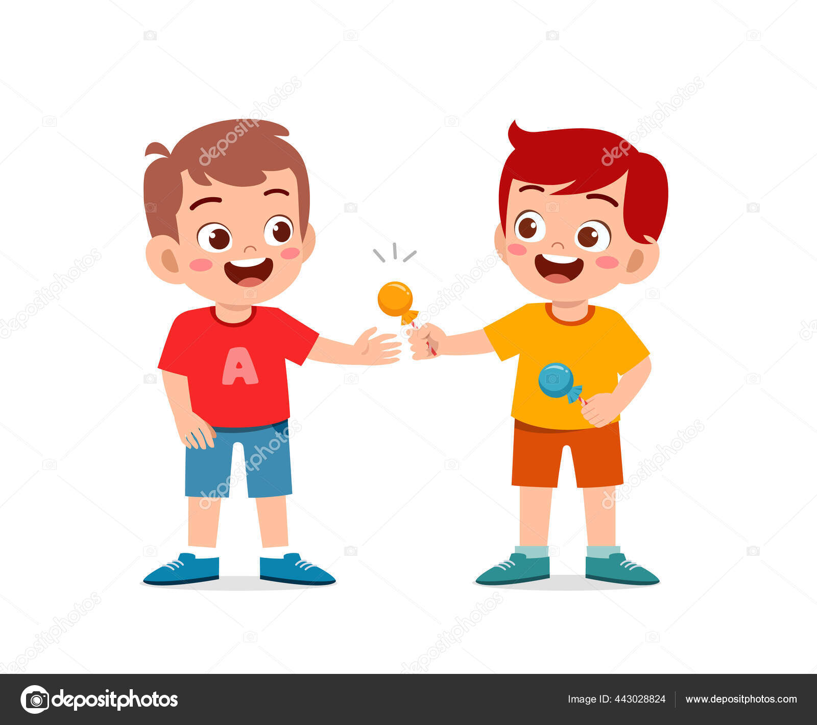Happy Cute Little Kid Boy Girl Sharing Food Friend Stock Vector Image ...