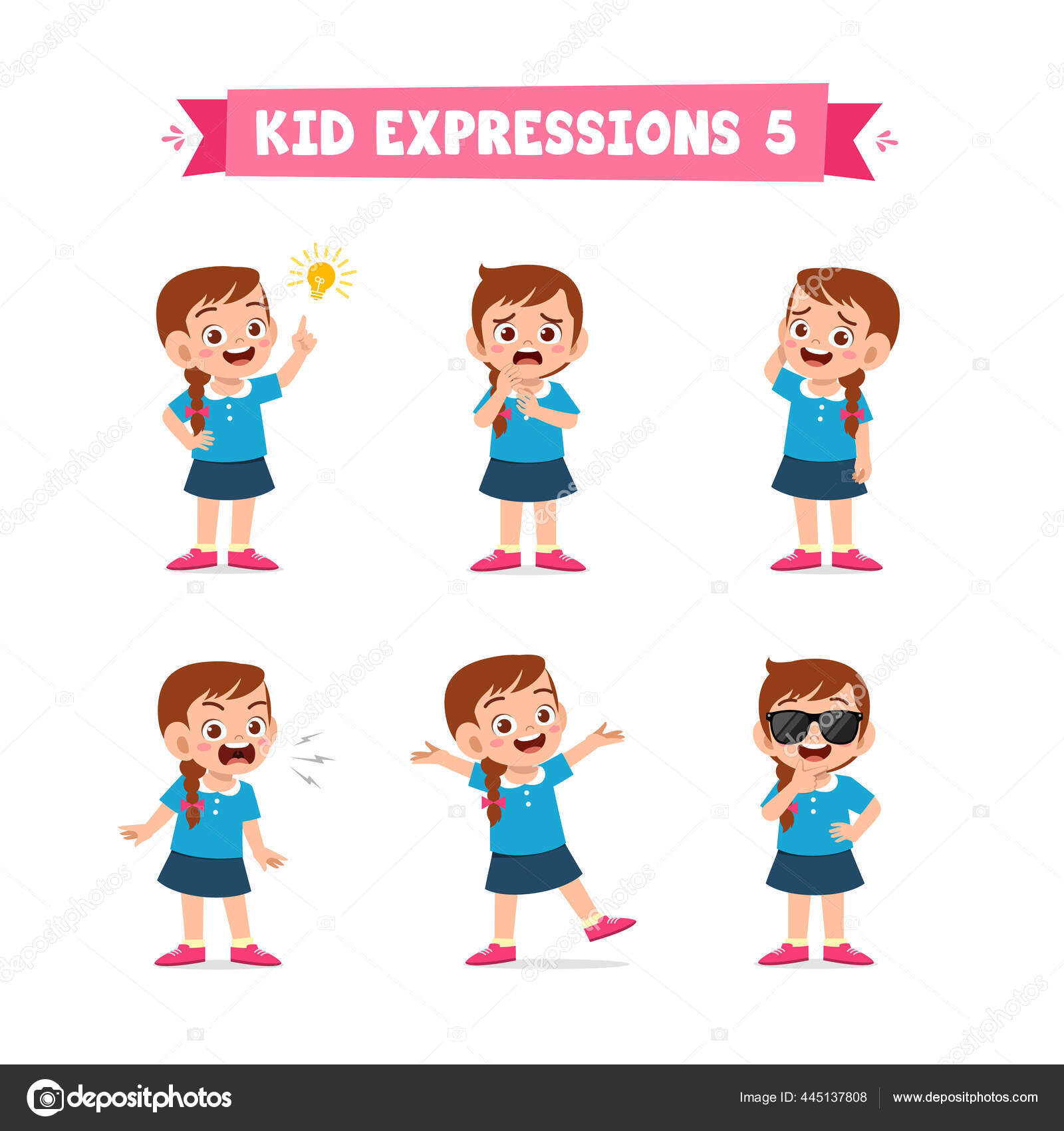 Linda Niña Varias Expresiones Conjunto Gestos Vector de stock por ...