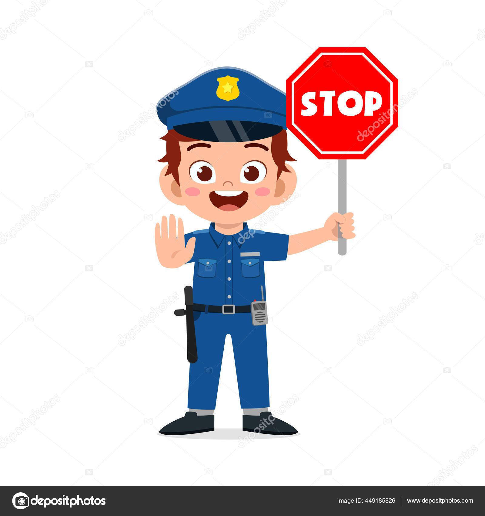 Happy Cute Little Kid Boy Wearing Police Uniform Holding Stop Stock ...