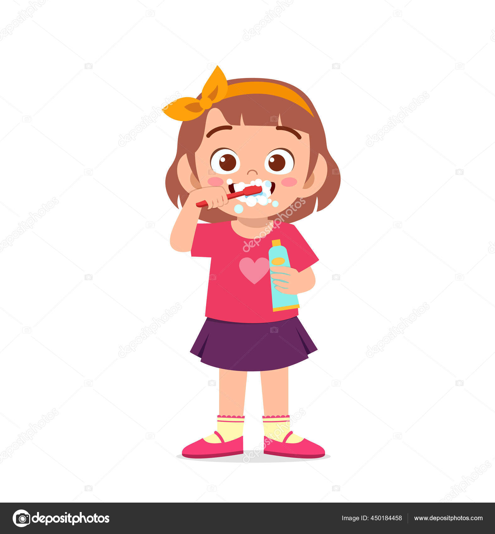 Cute Little Girl Brushing Teeth Holding Toothpaste Stock Vector Image ...