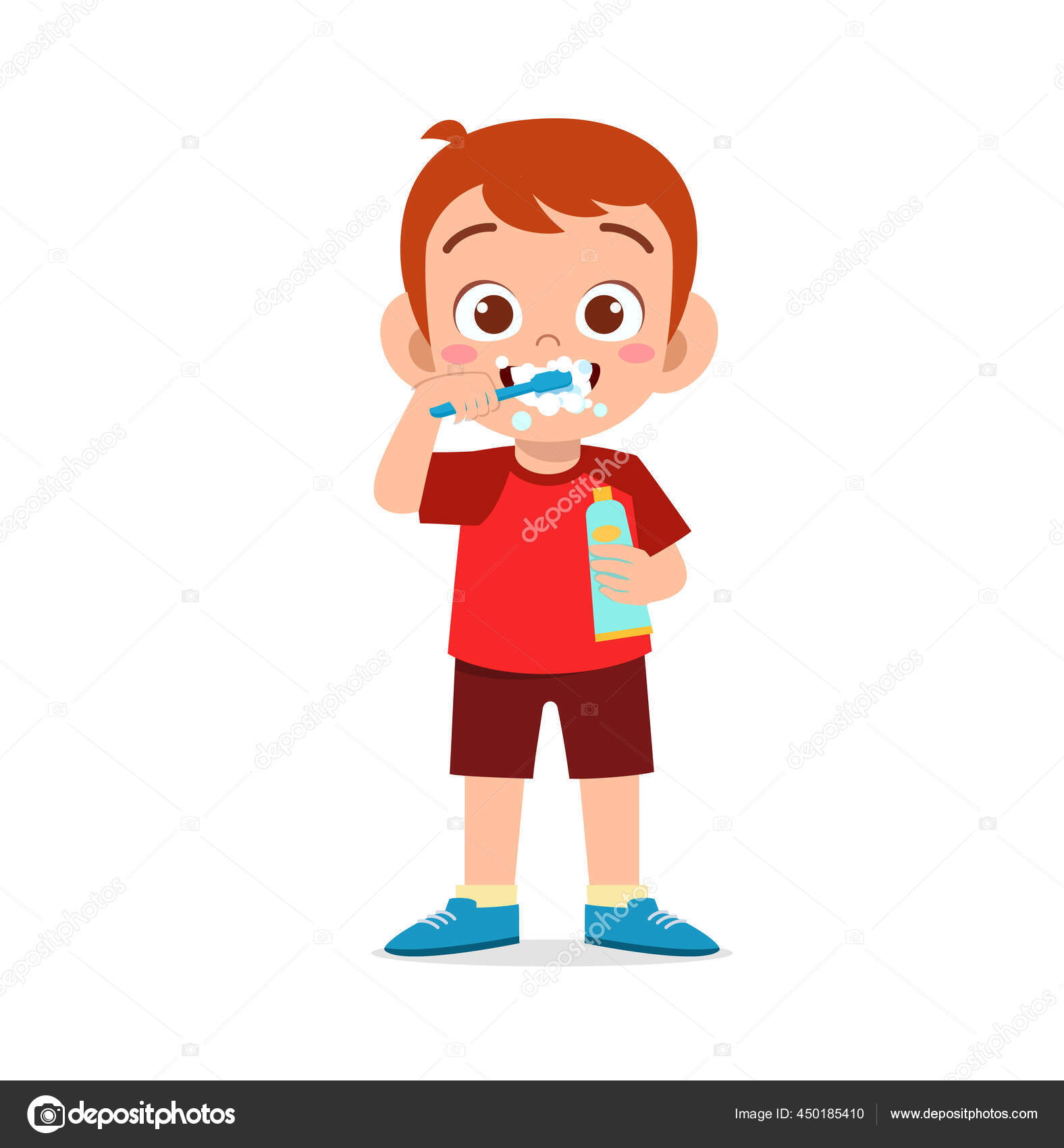 Cute Little Boy Brushing Teeth Holding Toothpaste Stock Vector by ...