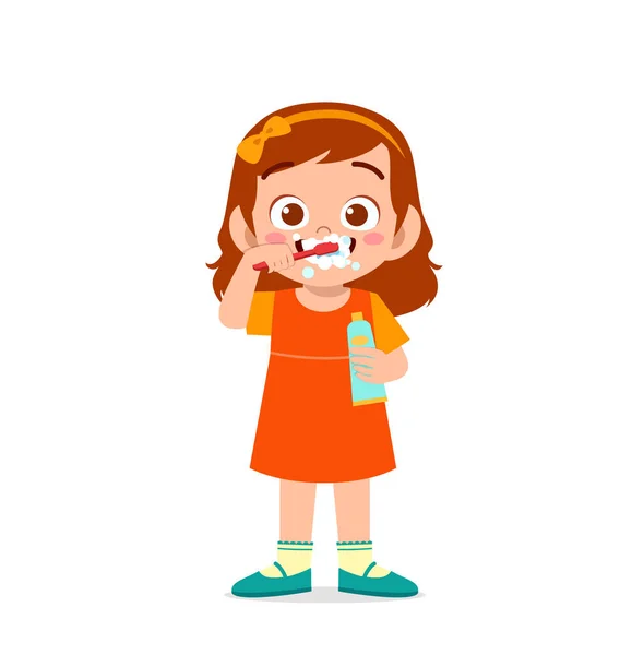 Cute Little Girl Brushing Teeth Holding Toothpaste Stock Vector Image ...