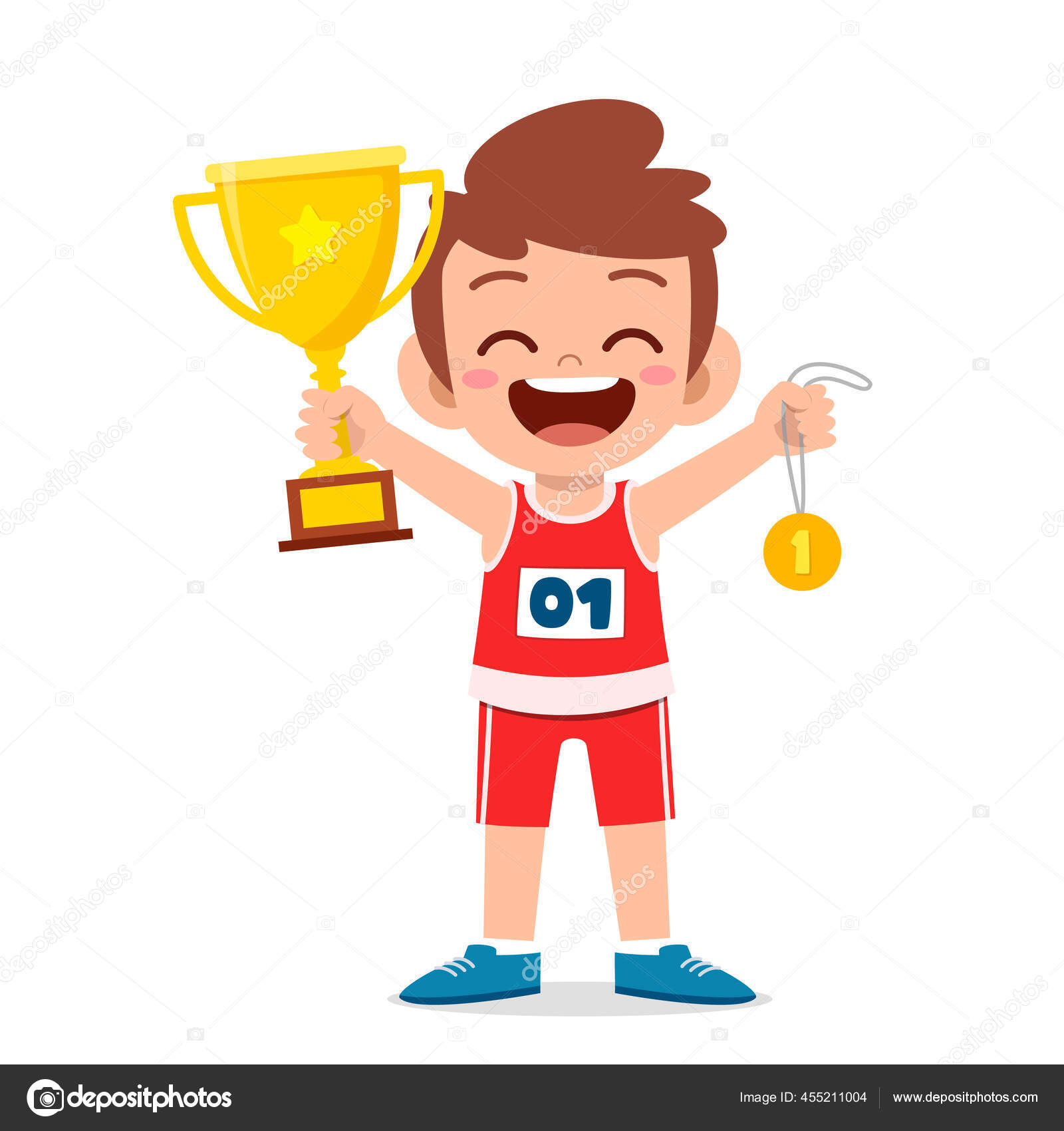 Feliz Lindo Niño Sosteniendo Medalla Oro Trofeo Vector de stock por ...